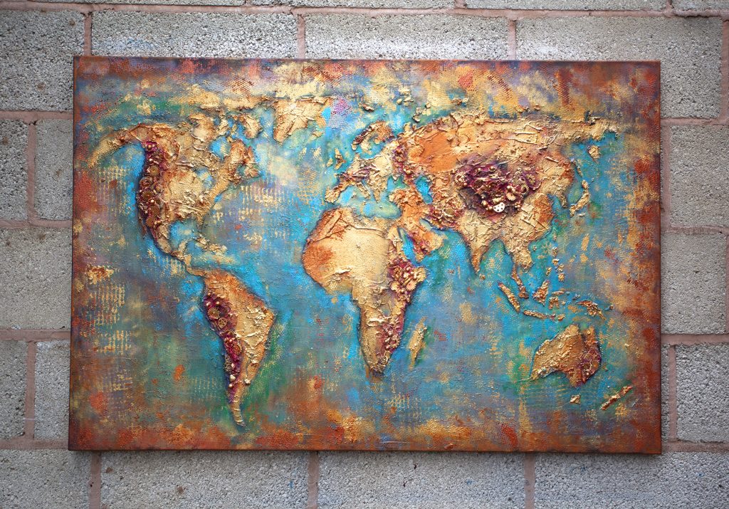 Copper world map painting on canvas. 3D Large size painting UK #s999art
