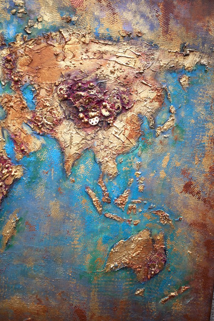 Copper world map painting on canvas. 3D Large size painting UK #s999art
